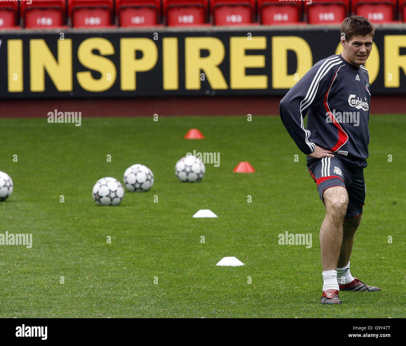 Liverpool captain Steven Gerrard during a training session at Anfield ...