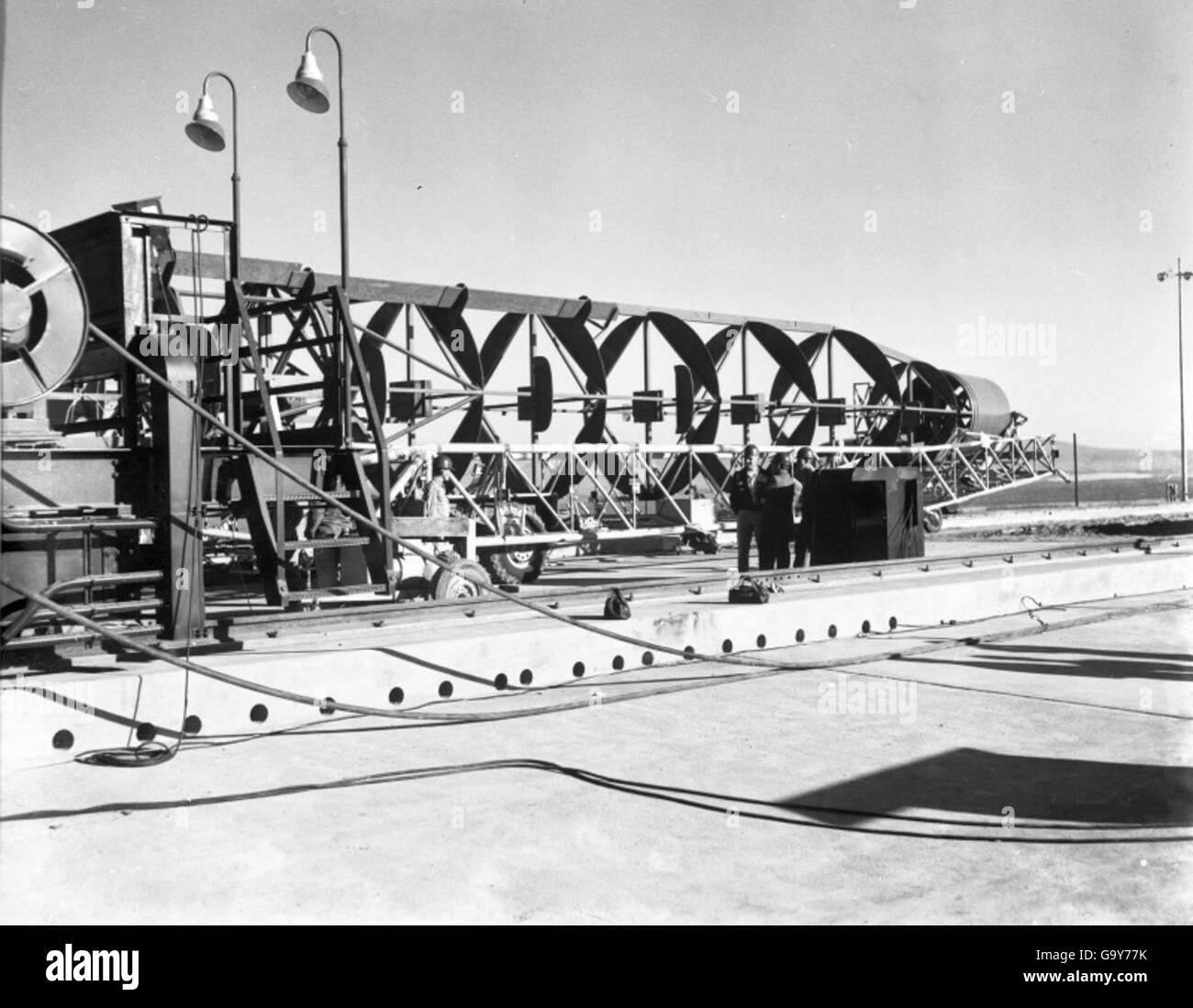 A close-up view of an Atlas missile during testing at a General ...