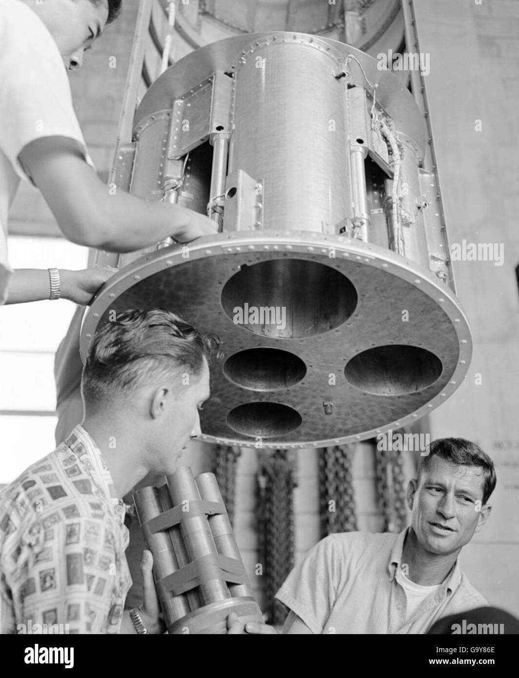 A high-altitude image of an Atlas missile in flight during a test ...