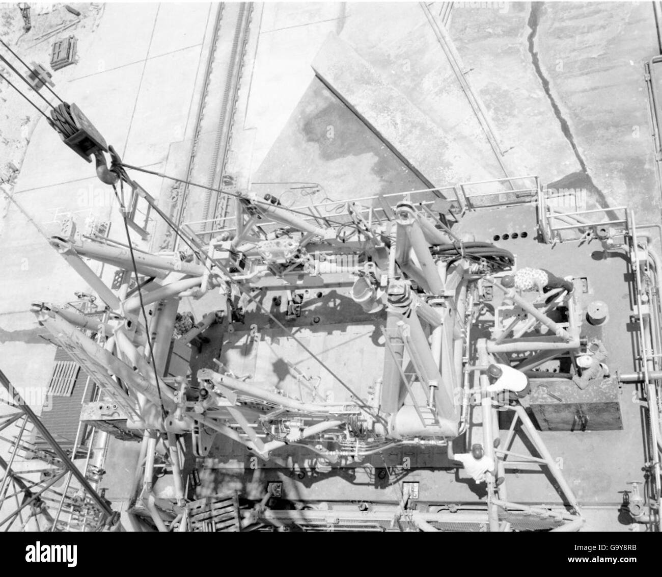 A close-up of an Atlas missile’s guidance and propulsion systems during ...