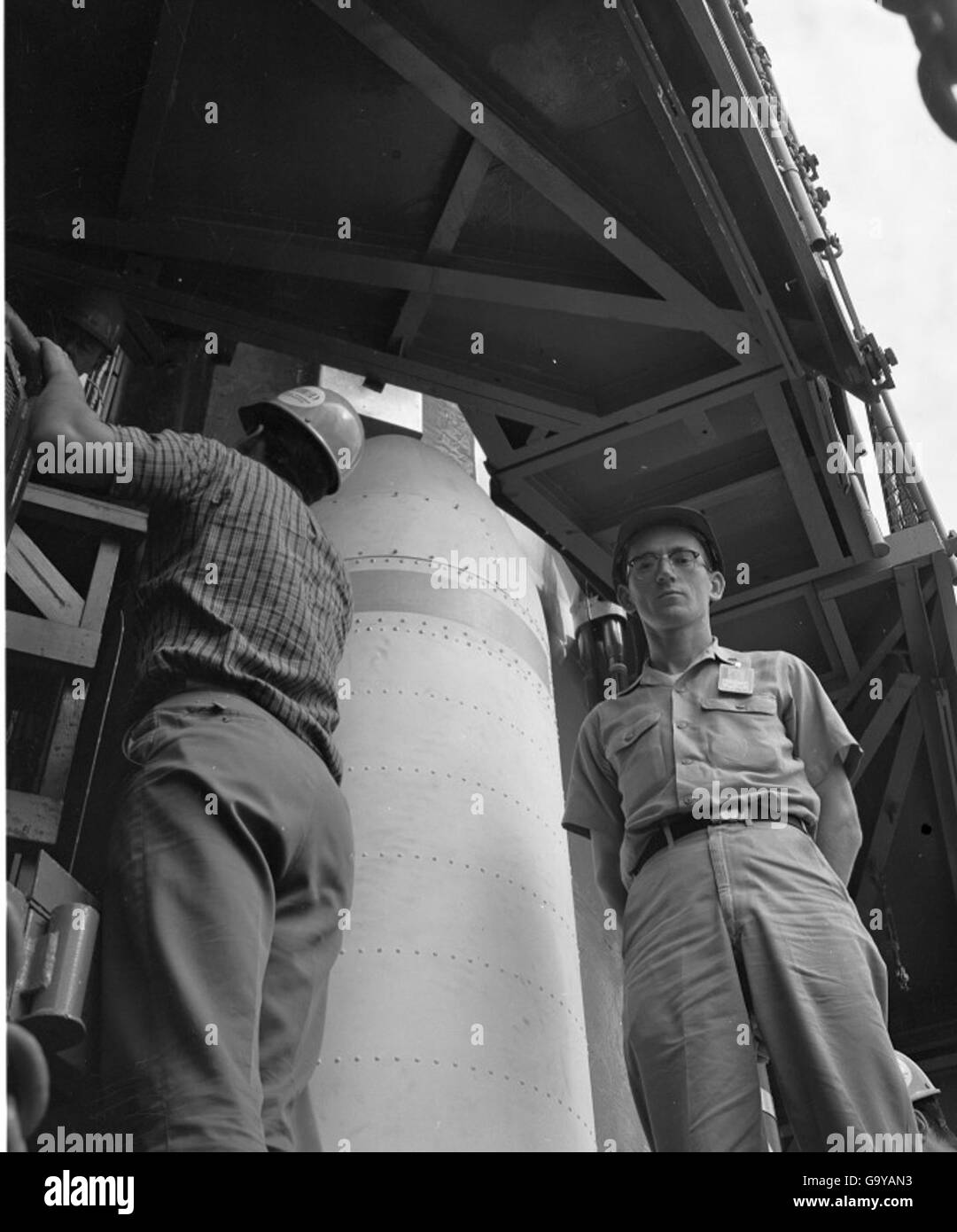 A side profile of an Atlas missile, prepped for a test launch. The ...