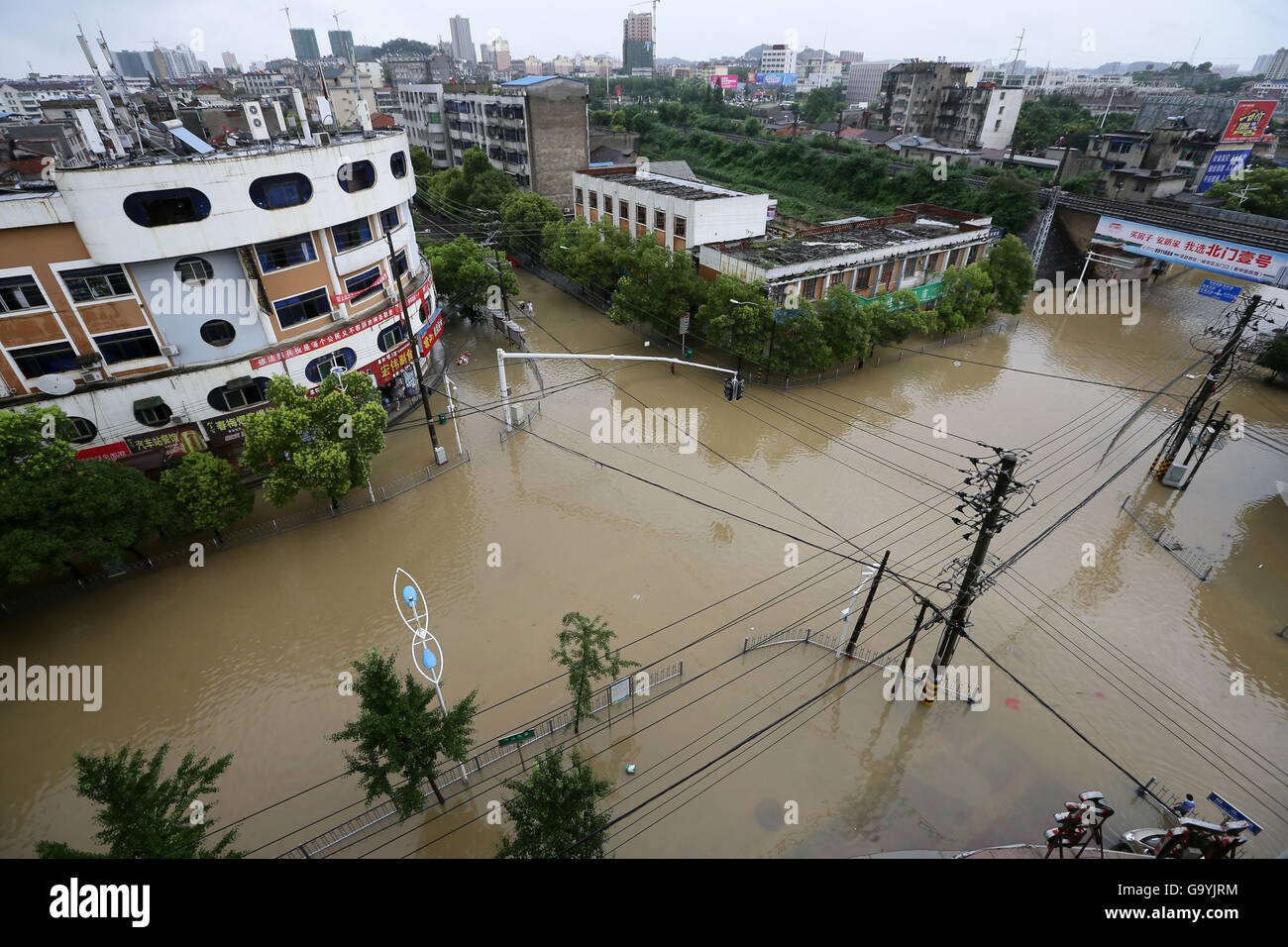 Xianning. 4th July, 2016. Photo taken on July 4, 2016 shows the flooded ...