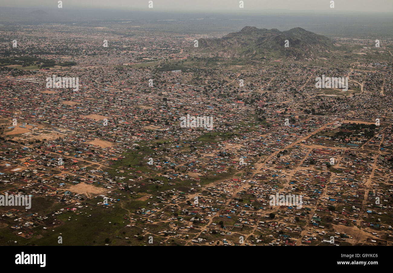 An aerial shot of the capital, Juba, South Sudan almost five years ...