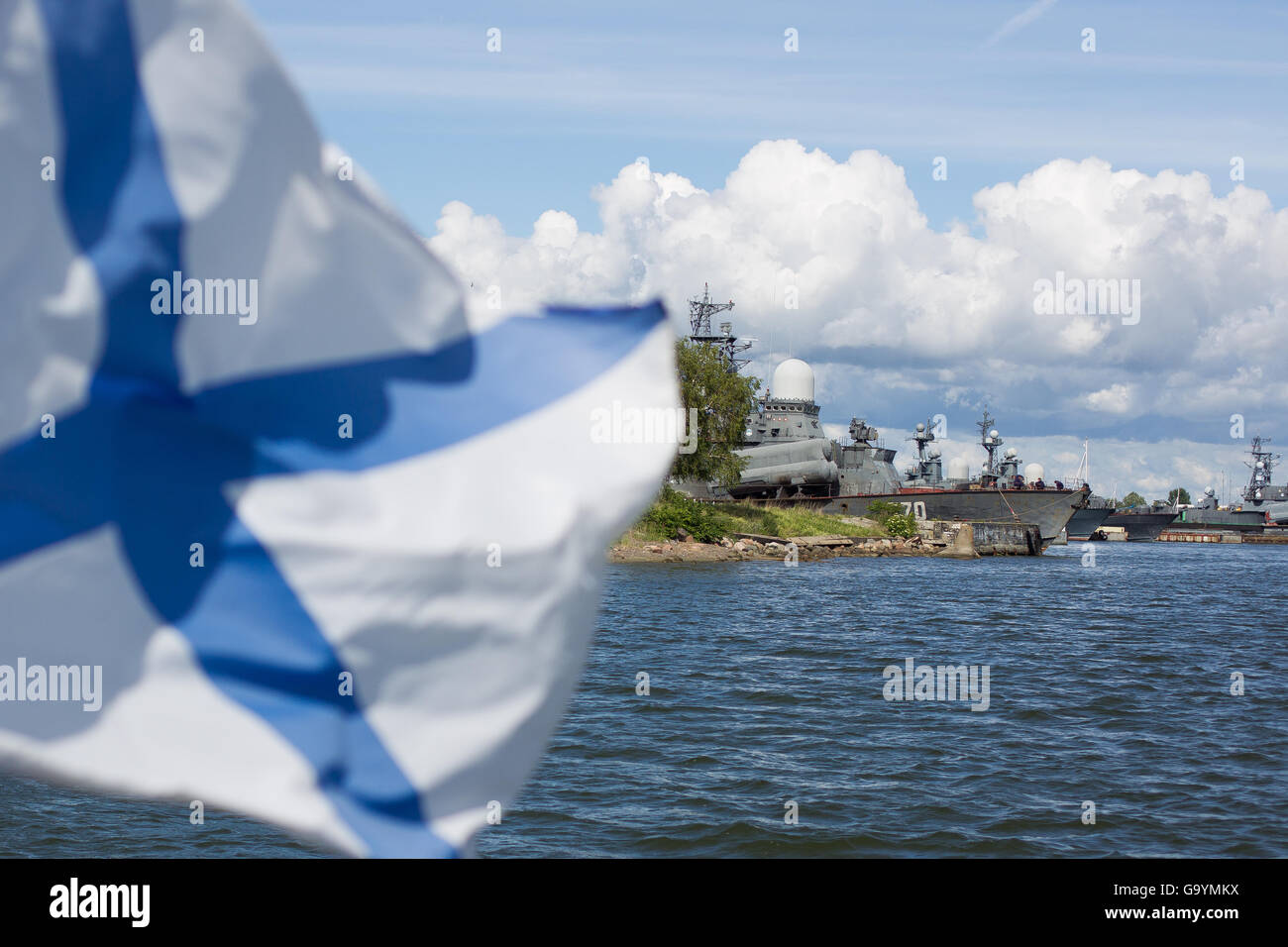 A flag of the Russian Navy Ensign, a symbol of the Russian fleet, is ...