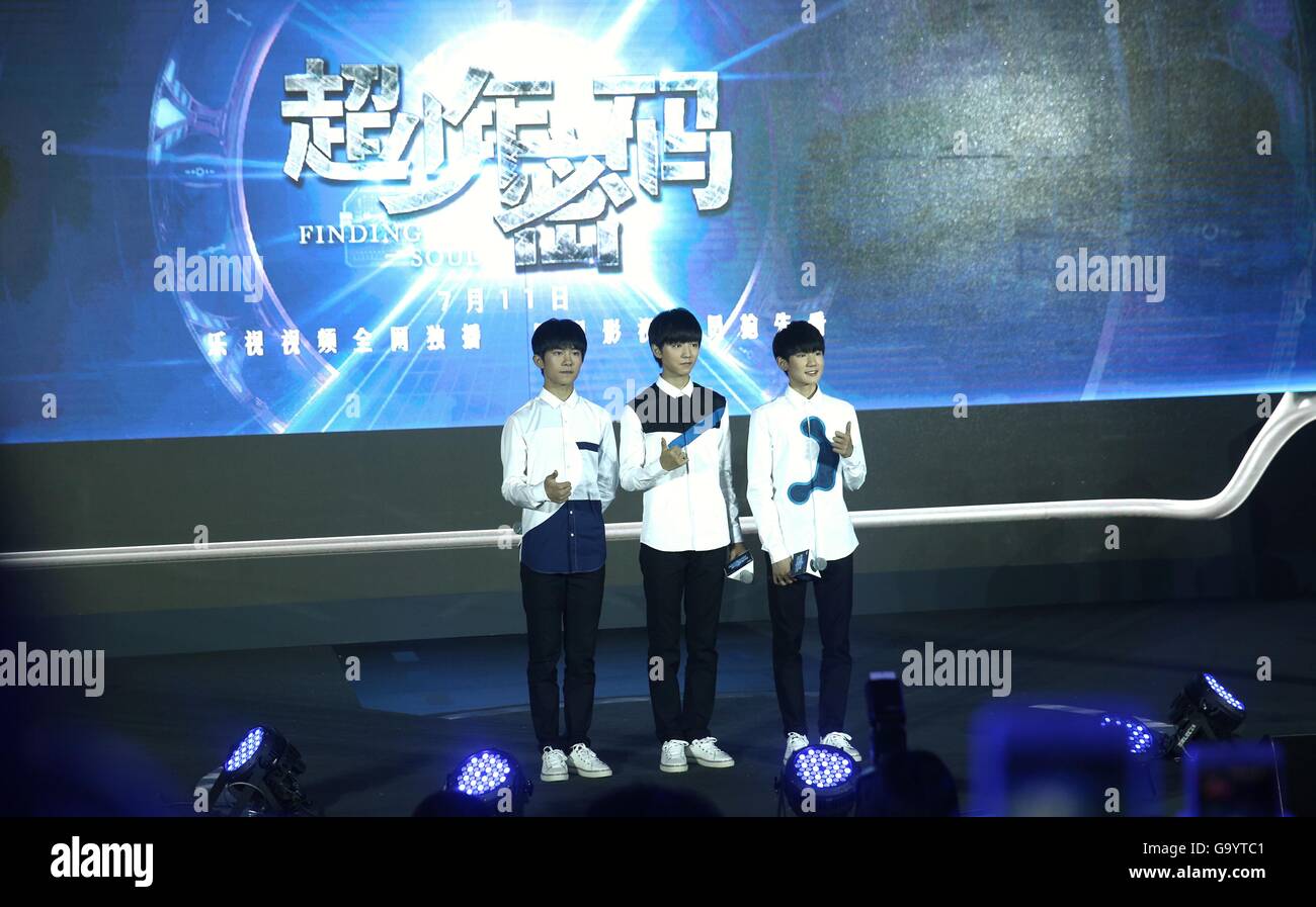 Beijing, China. 5th July, 2016. Members of Chinese pop boy band TFBOYS ...