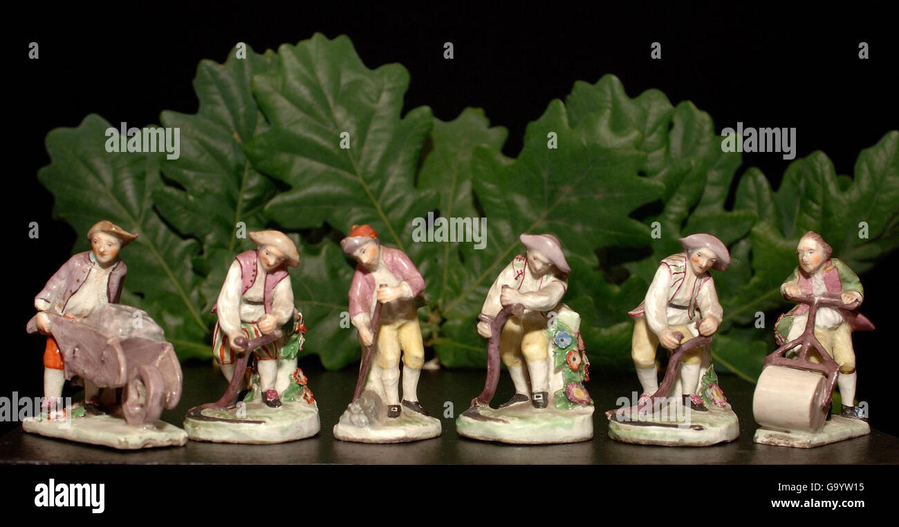 A group of six small 18th century Chelsea porcelain figures of ...