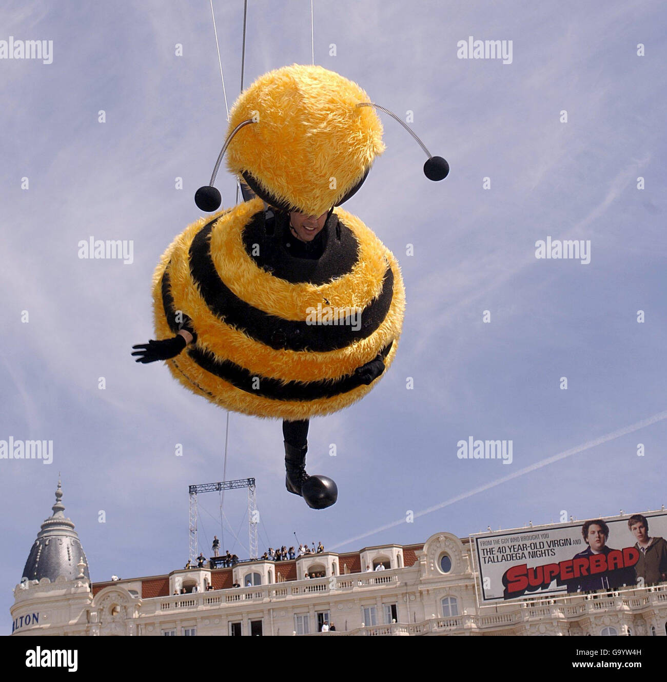 AP OUT: Jerry Seinfeld flies through the air dressed as a bee during a photocall for the new ...