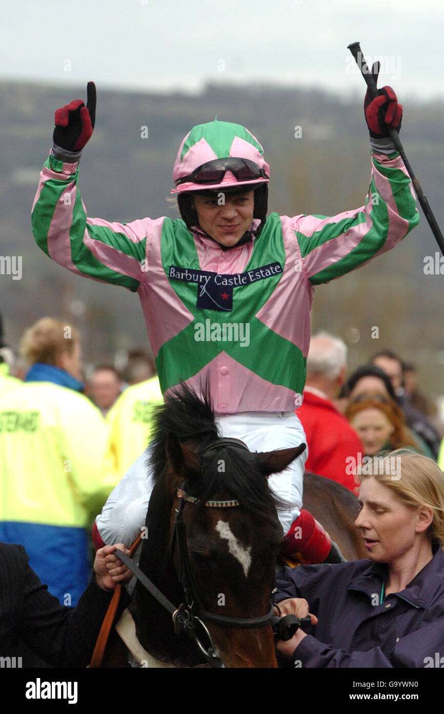 Jockey Robert Thornton celebrates on Katchit after they won the Jcb ...