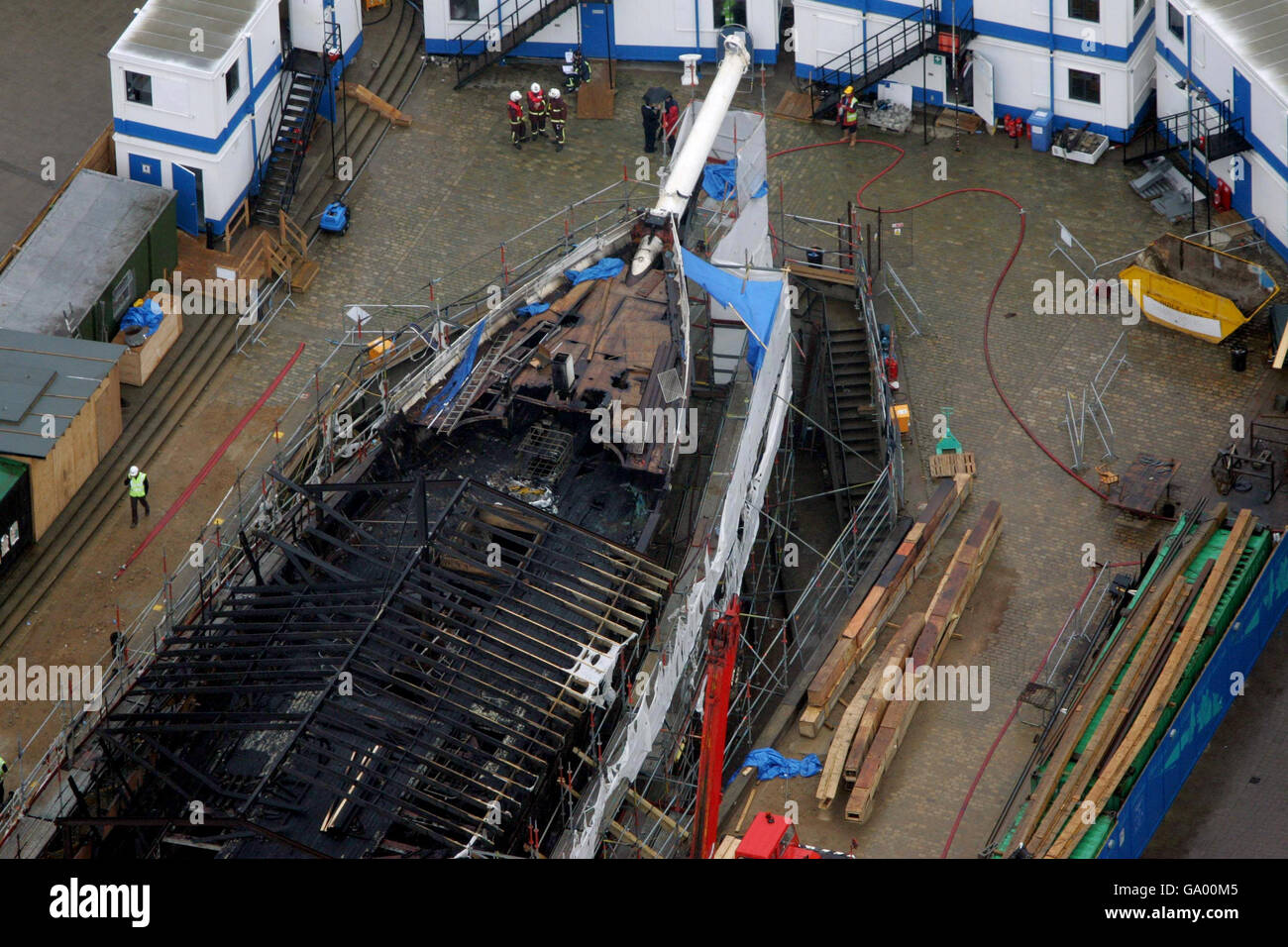 Cutty Sark fire. Aerial photograph of the remains of the Cutty Sark in ...