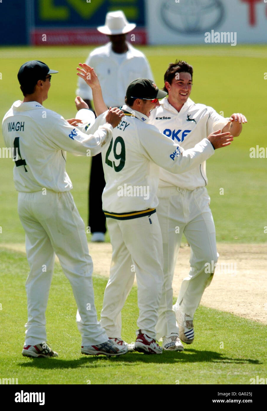 Nottinghamshire's Mark Footit (right) celebrates taking the wicket of ...