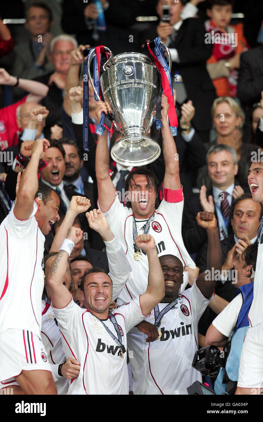 Ac milans paolo maldini lifts the champions league trophy hi-res stock ...