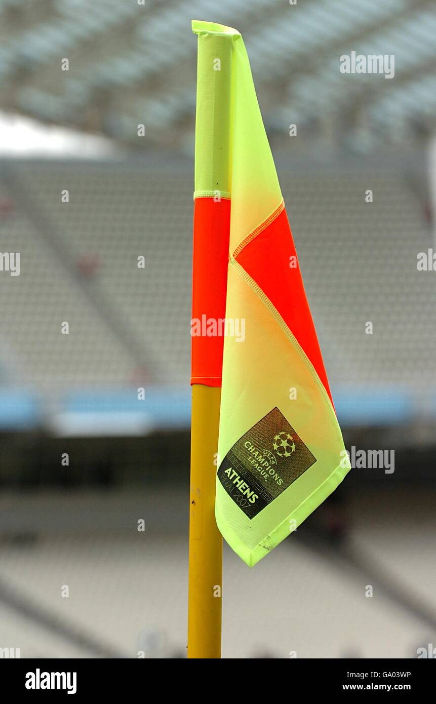 General view of the uefa champions league logo on flag hi-res stock ...