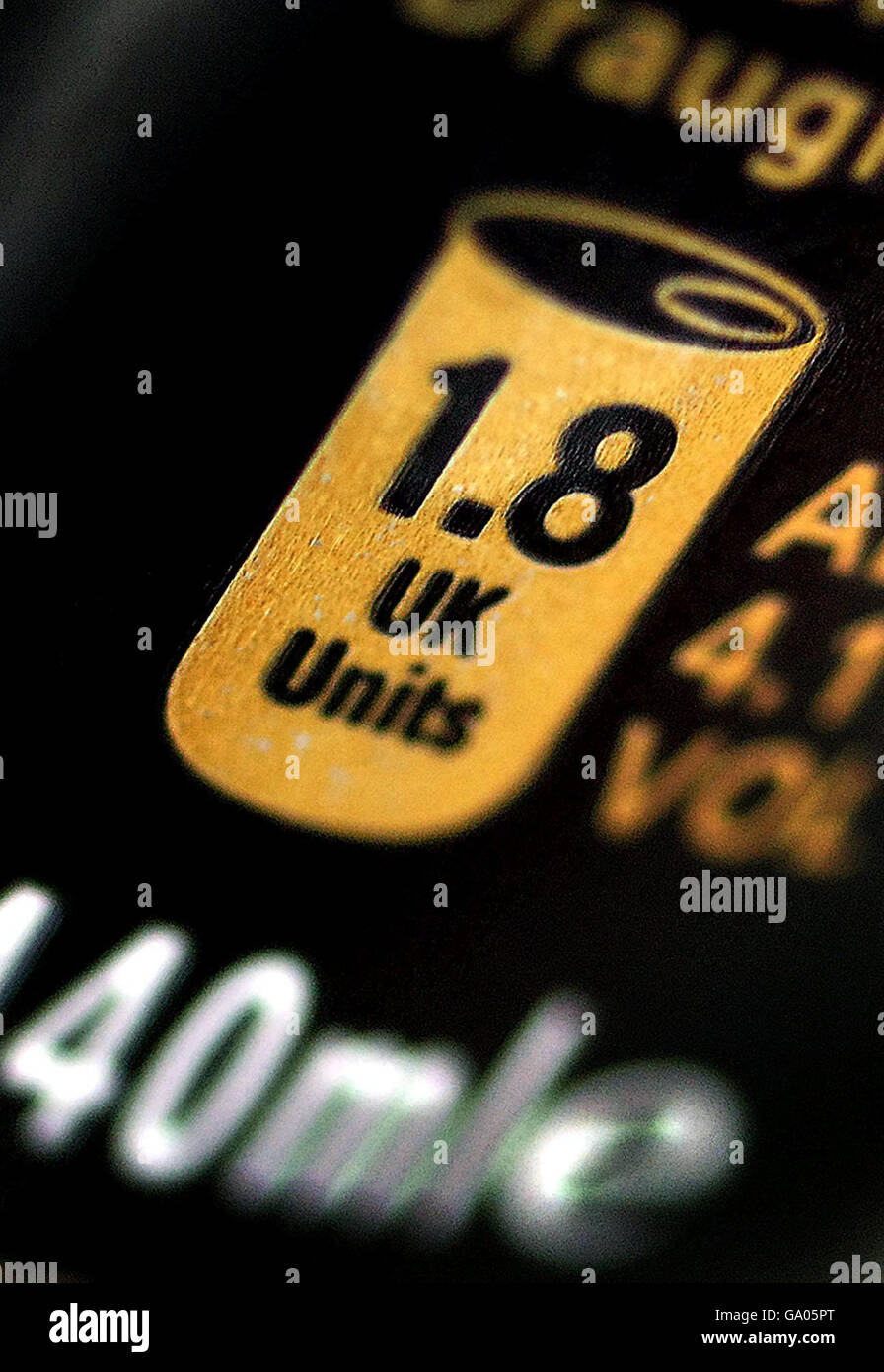 Government health warning for alcoholic drinks. A drink unit label ...