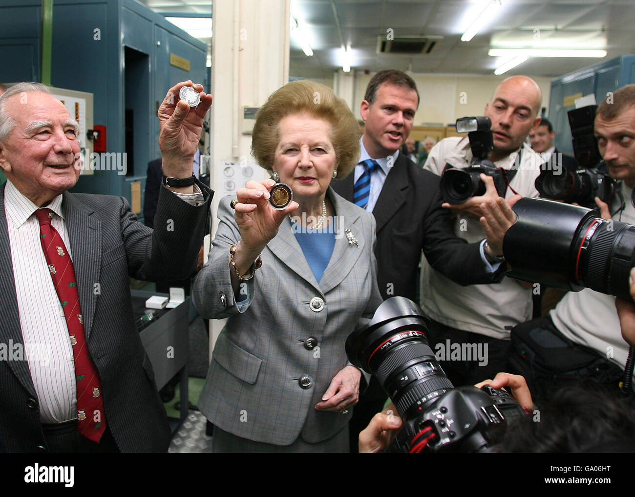 Former Prime Minister Baroness Thatcher accompanied by Sir Rex Hunt ...