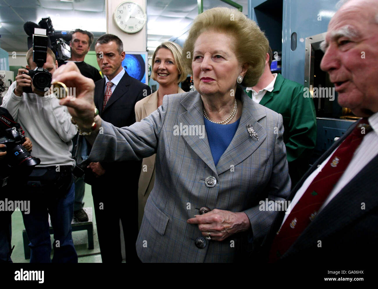 Former Prime Minister Baroness Thatcher accompanied by Sir Rex Hunt ...