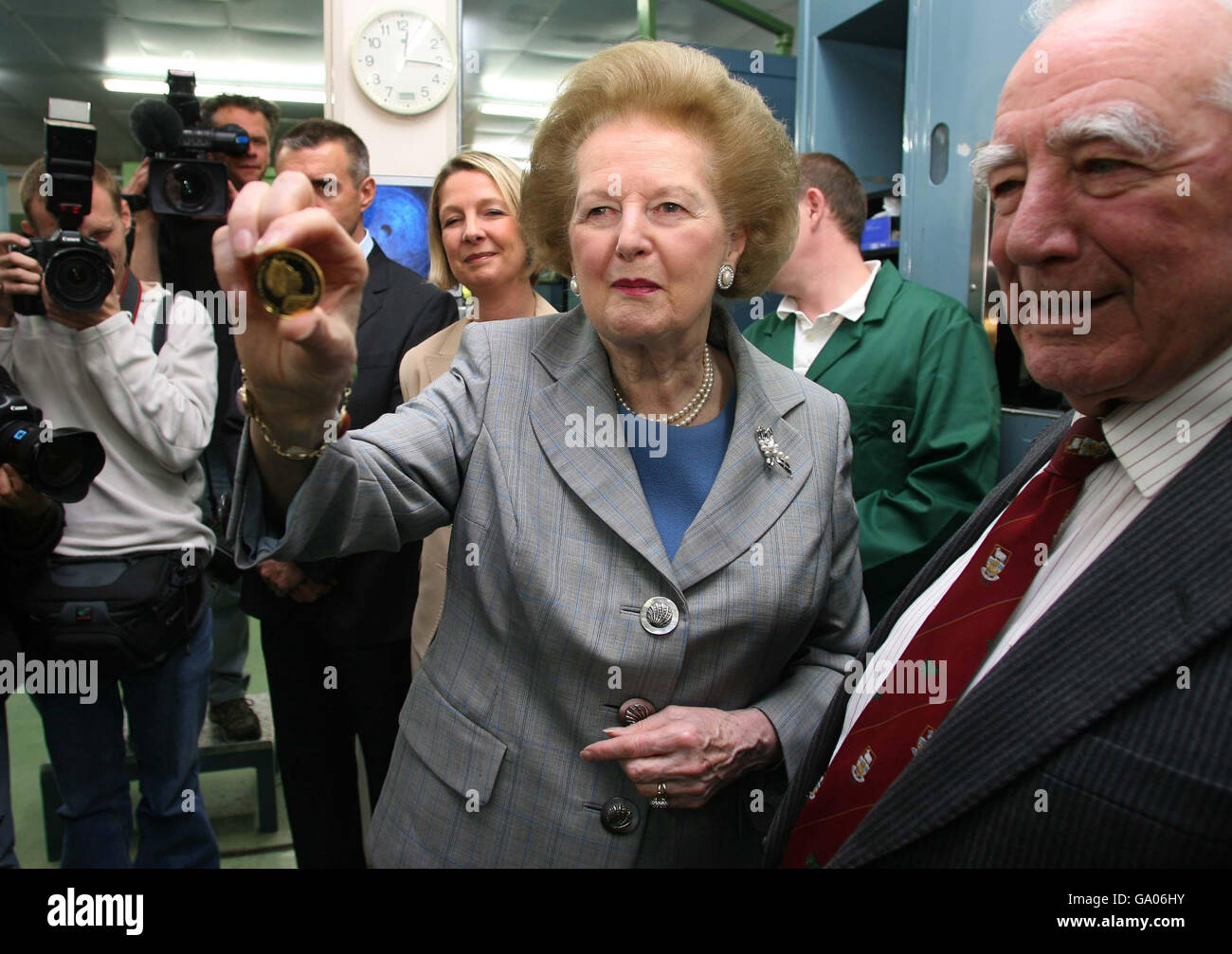 Former Prime Minister Baroness Thatcher accompanied by Sir Rex Hunt ...