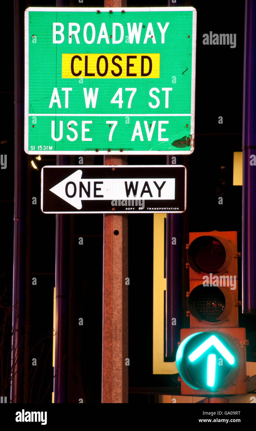 Broadway closed, one way, traffic signs, Times Square, New York City ...