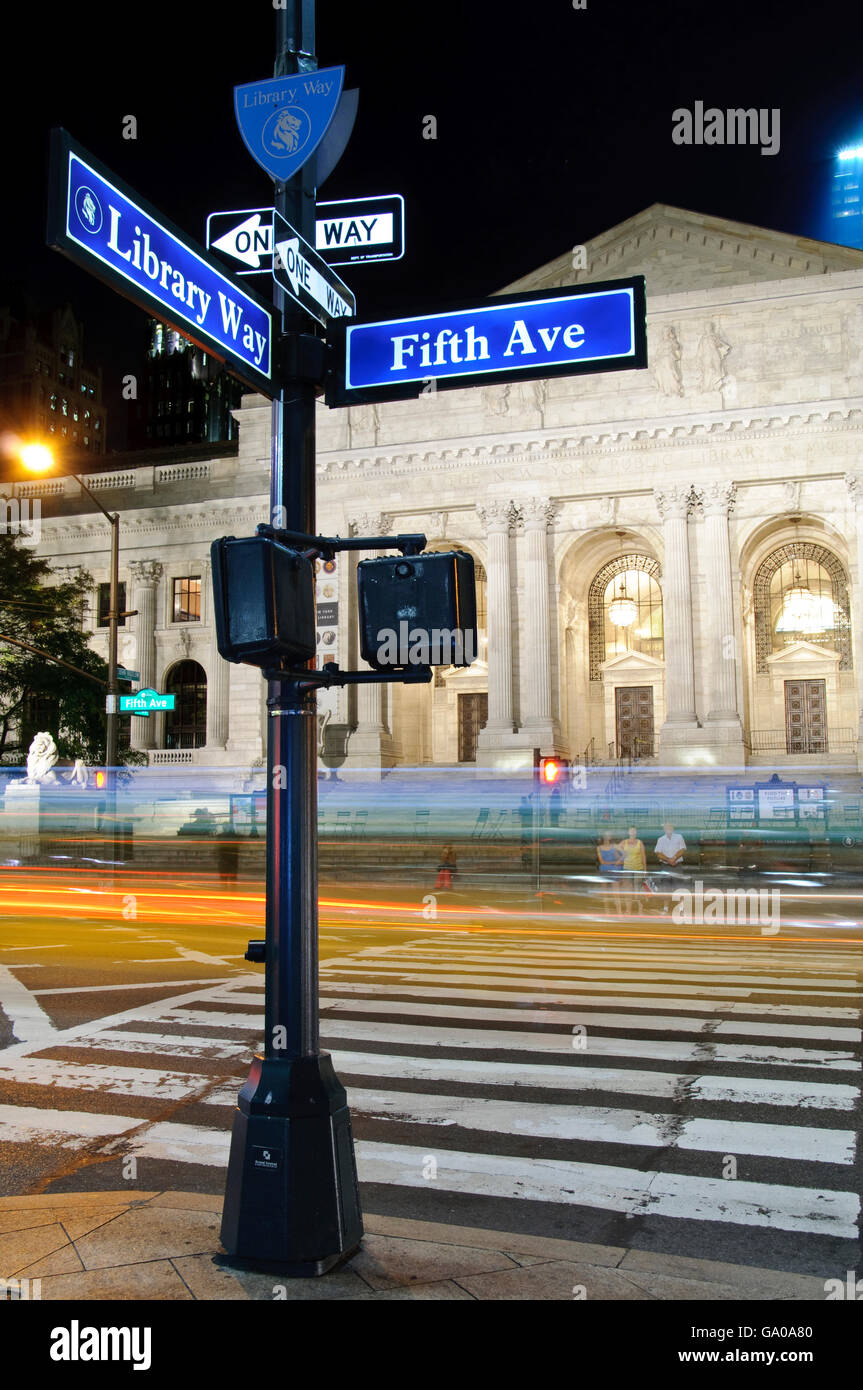 Street signs, 5th Avenue, Library Way, New York Public Library, NYPL ...