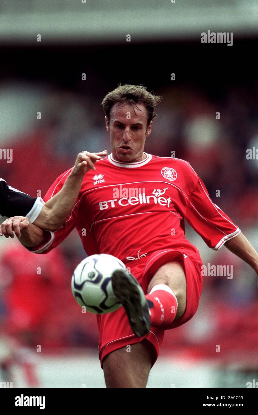 Middlesbrough's Gareth Southgate clears the ball from danger Stock ...