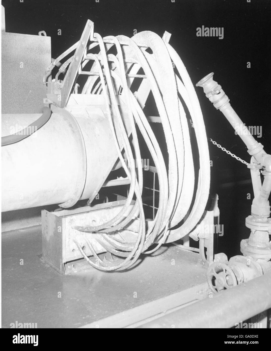 A close-up of an Atlas missile’s tail section during a test. The image ...
