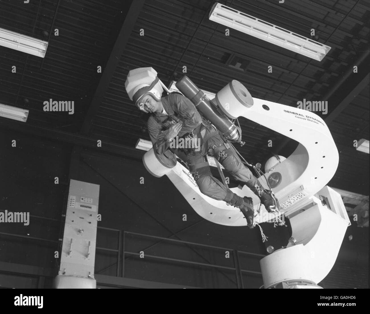 A close-up of the Atlas missile’s tail section during a test launch ...
