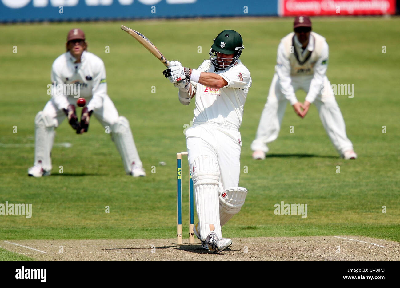 Worcestershire's Philip Jaques hooks a delivery from Surrey's Rikki ...