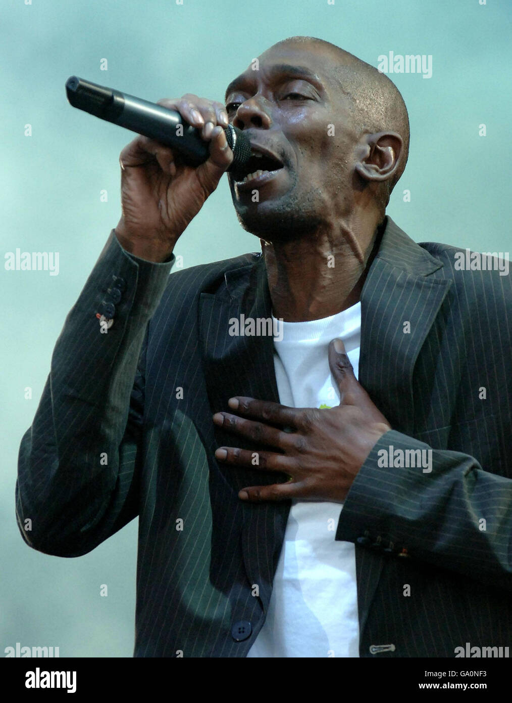 Maxi Jazz sings during the set by Faithless on the Main Stage at the O2 ...