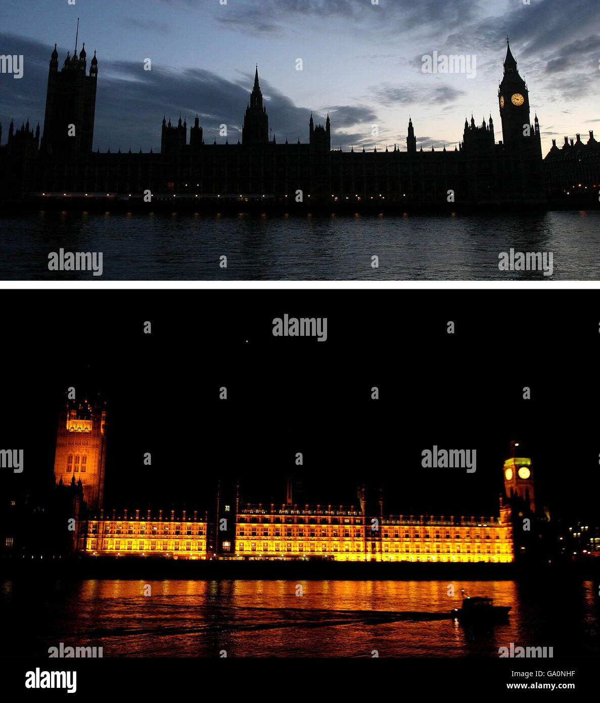 The Houses Of Parliament in London lit up on 18/04/2007 (bottom) and ...