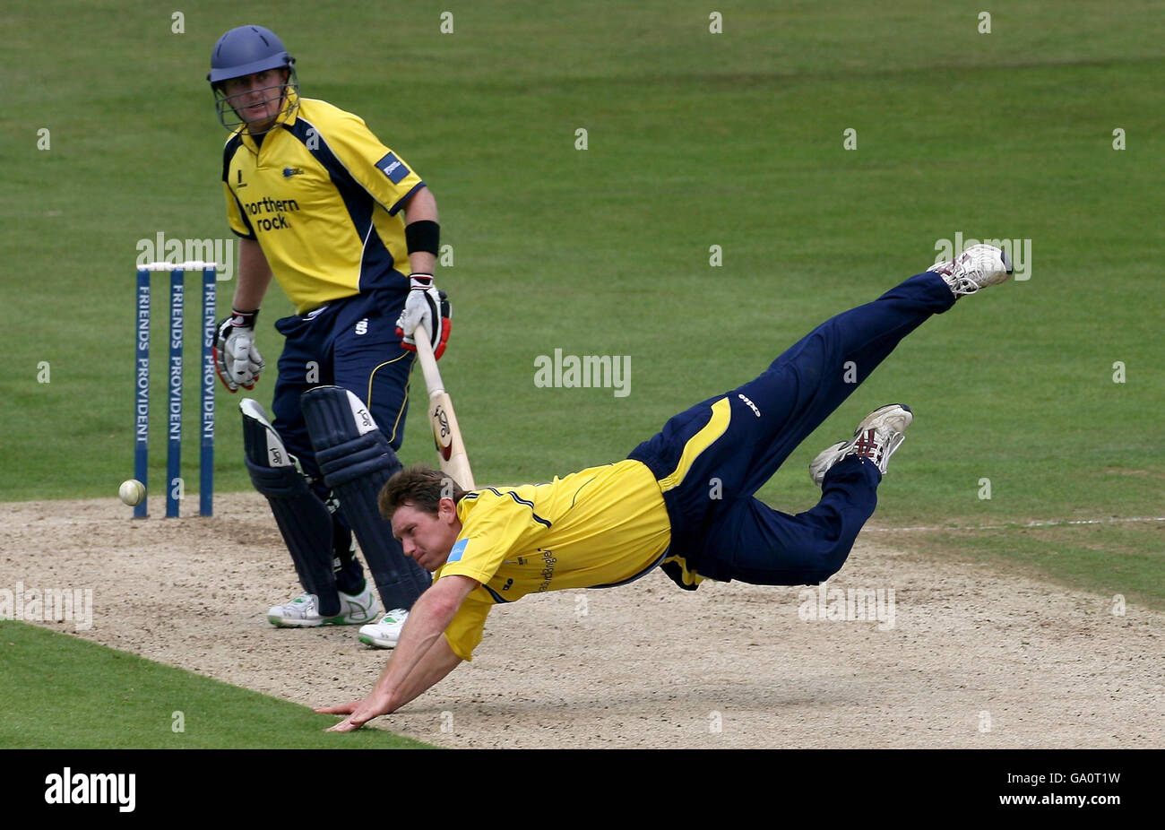 Yorkshire's Richard Pyrah jumps infront of Durham's Scott Styris to ...
