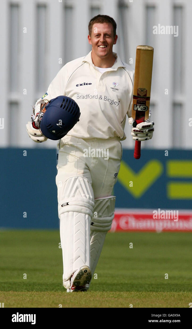 Yorkshire batsman Joseph Sayers celebrates a century during Day One of ...