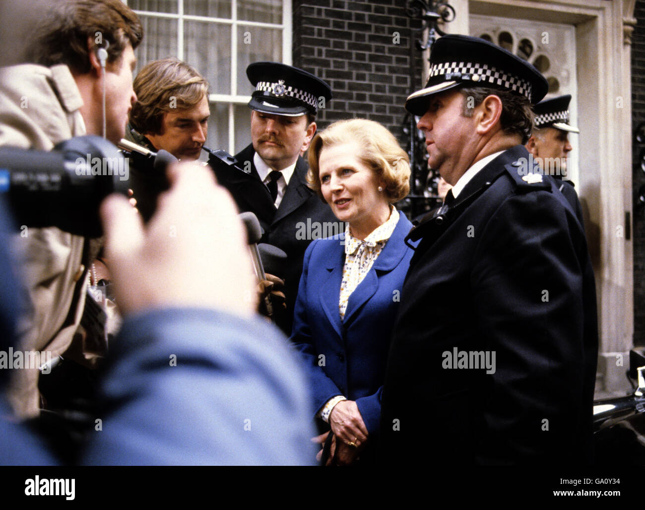 Margaret Thatcher, new Prime Minister, talks to television interviewers ...