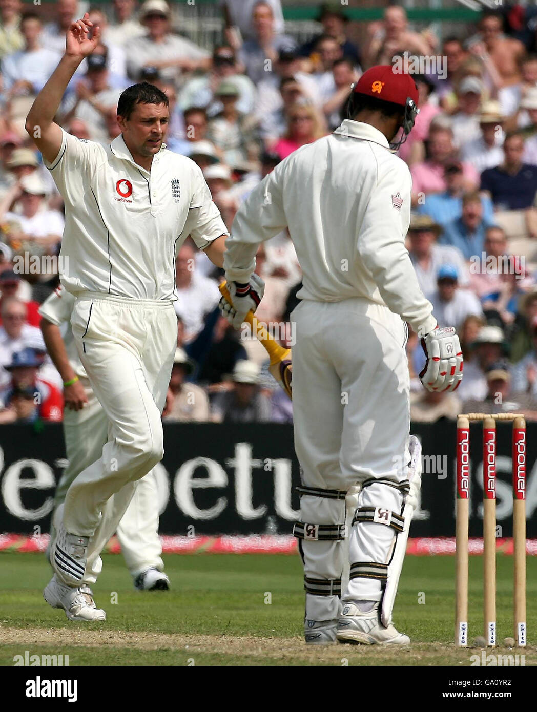 England's Steve Harmison (left) celebrates dismissing West Indies's ...