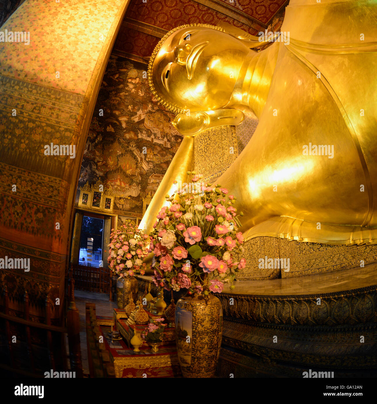 the reclining buddha in the temple of Wat Pho in the city of Bangkok in ...