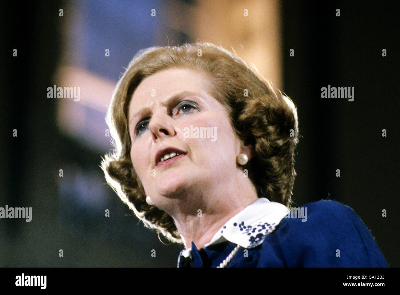 Conservative Party leader Margaret Thatcher, addressing an election ...