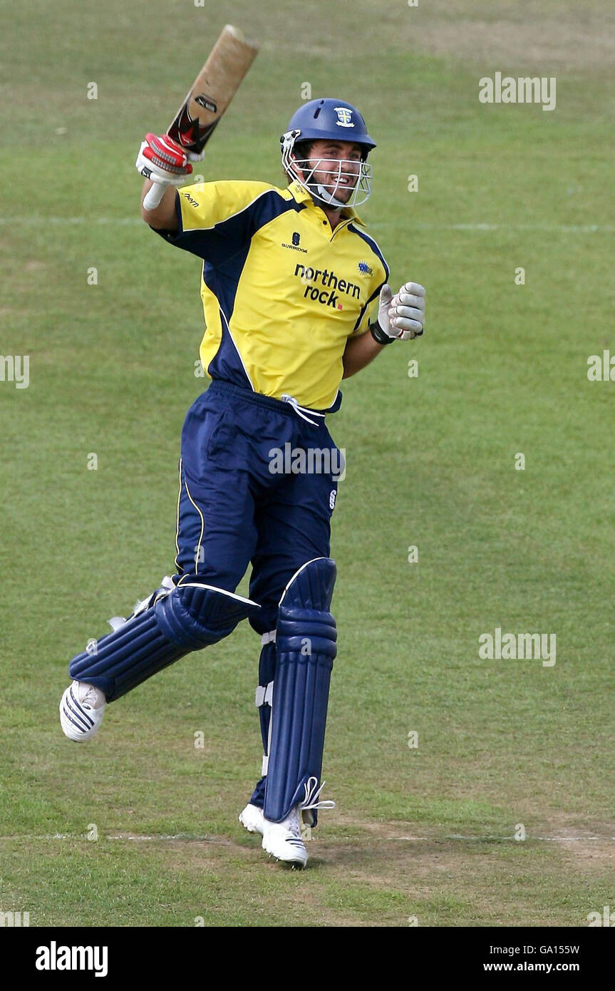 Durham Dynamos's Liam Plunkett celebrates hitting the winning runs to ...