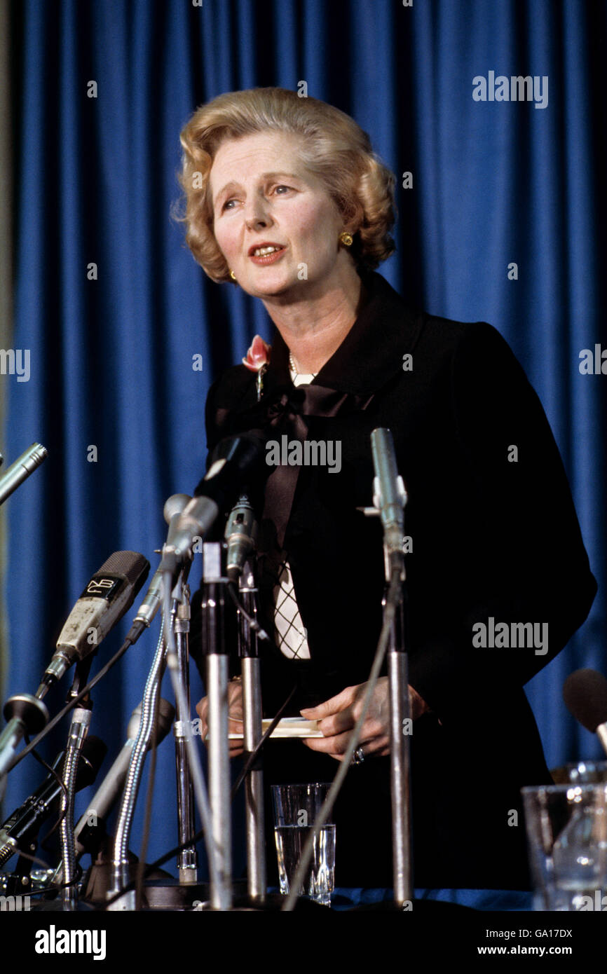 Margaret Thatcher at a press conference at Conservative Central Office ...