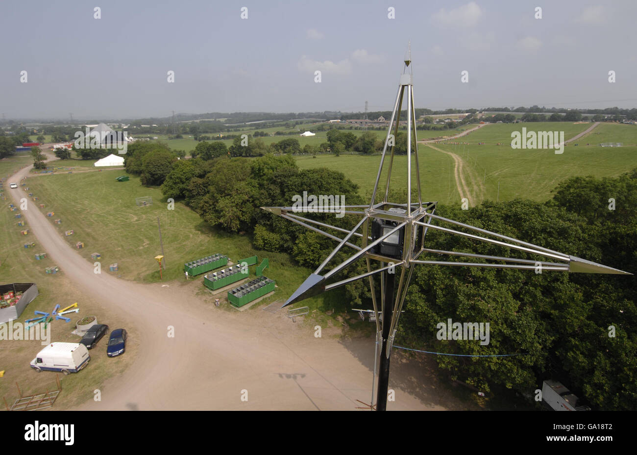 An aerial view of the re-designed left field tower at Pilton Stock ...