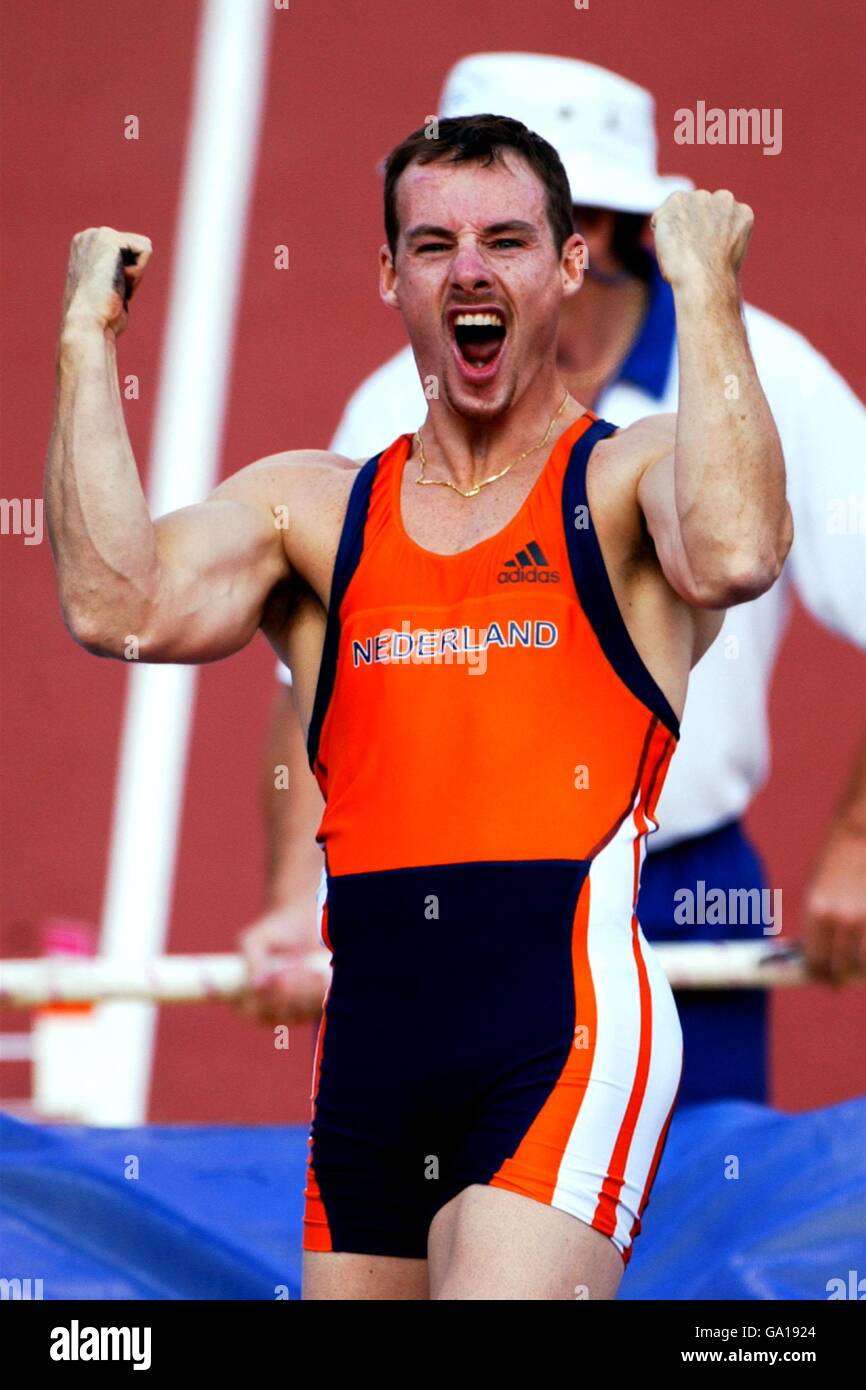 Holland's Rens Blom celebrates a successful jump in the men's pole ...