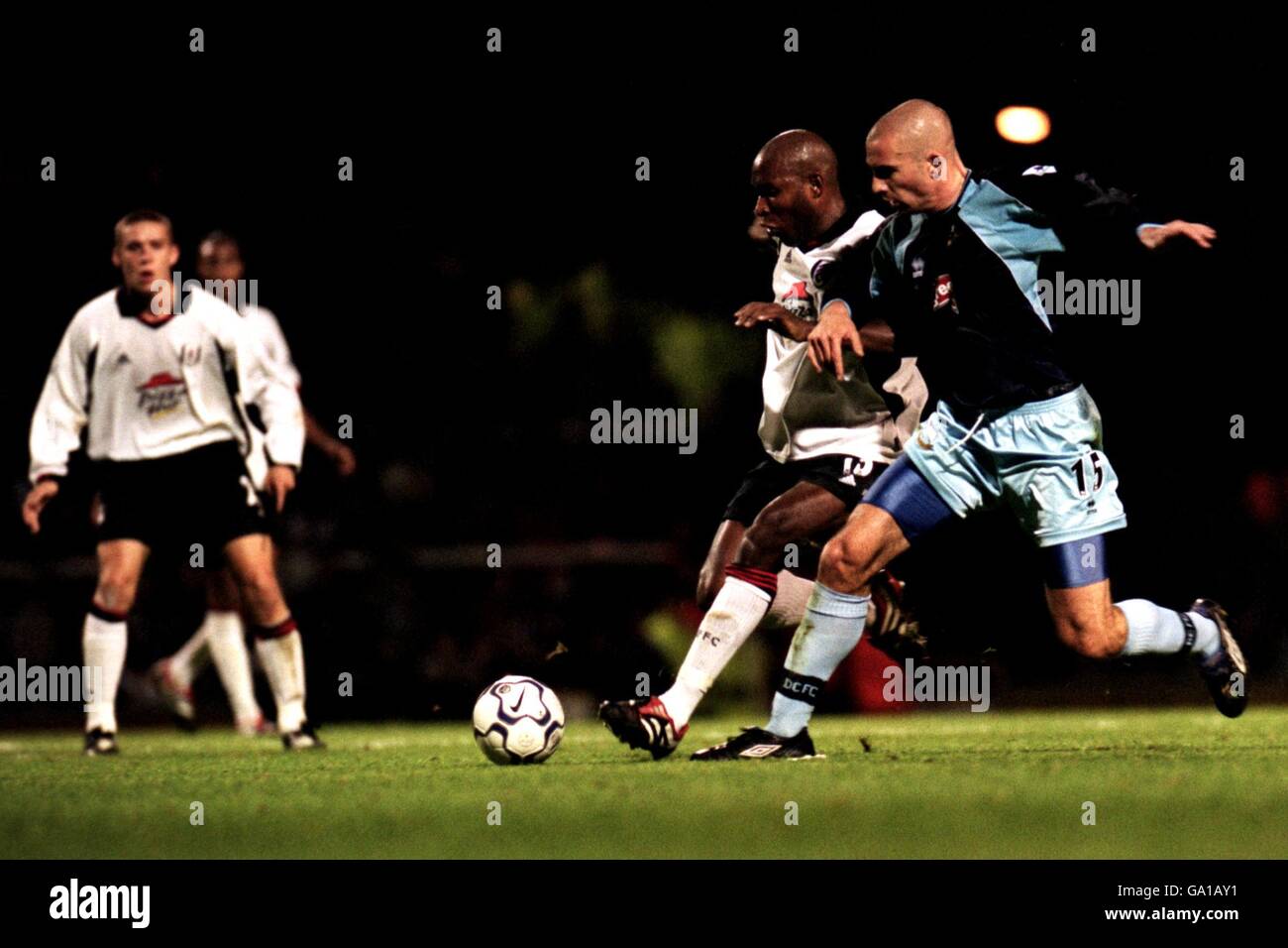 Fulham's Barry Hayles (Left) and Derby County's Danny Higginbotham ...