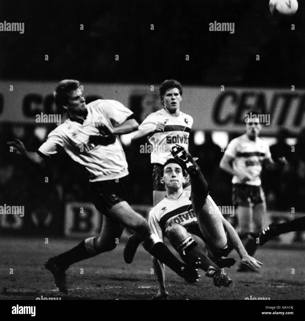 Watfords mark morris clears under pressure from phil gee 5 12 1987 hi ...