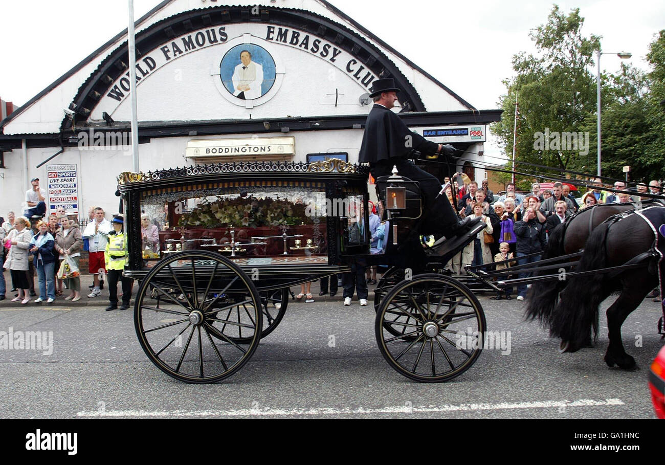 Bernard Manning's horse drawn hearse passes his world famous Embassy ...