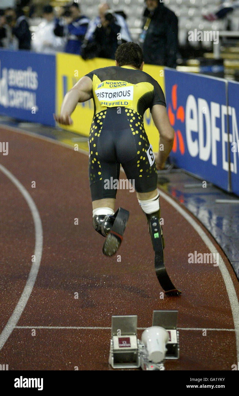 South Africa's Oscar Pistorius the blade runner leaves the starting ...