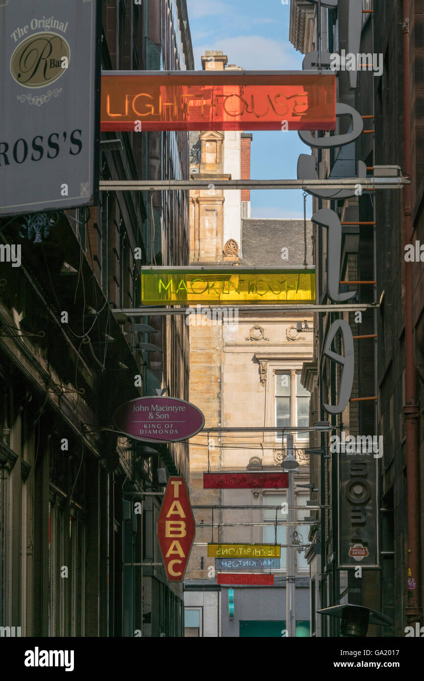 Neon signs advertising The Lighthouse in Mitchell Lane,Glasgow,Scotland ...