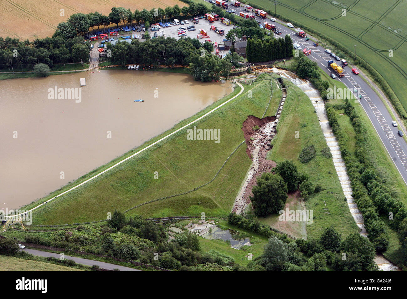 Flooding hits Britain. Aerial view of Ulley Reservoir after two days of ...