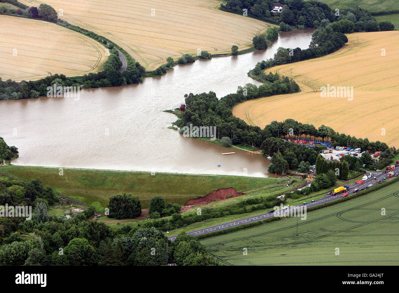 Aerial view of Ulley Reservoir after two days of heavy rain which ...