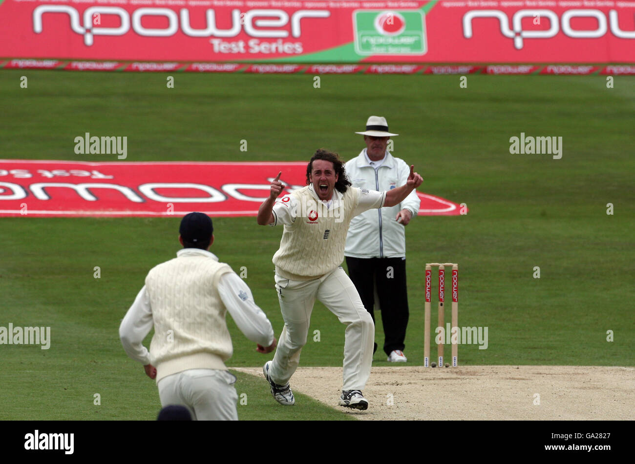 England's Ryan Sidebottom celebrates after trapping West Indies's Chris ...