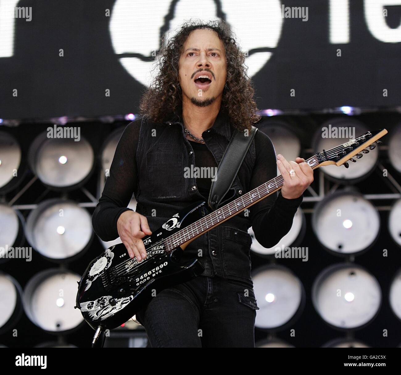 Kirk Hammett on stage during Metallica's performance at the charity ...