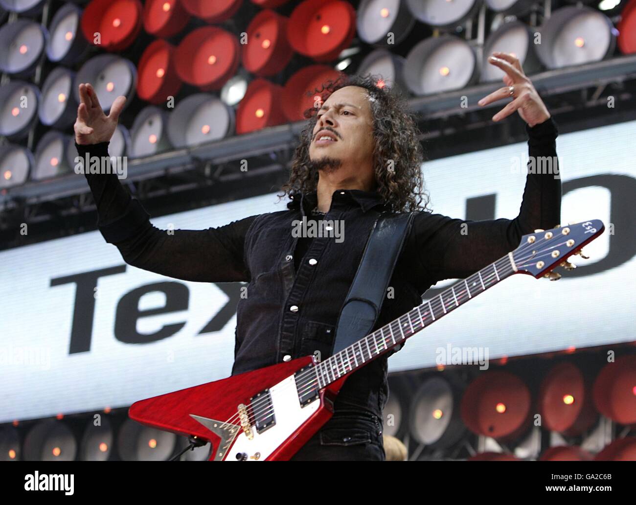 Kirk Hammett on stage during Metallica's performance at the charity ...