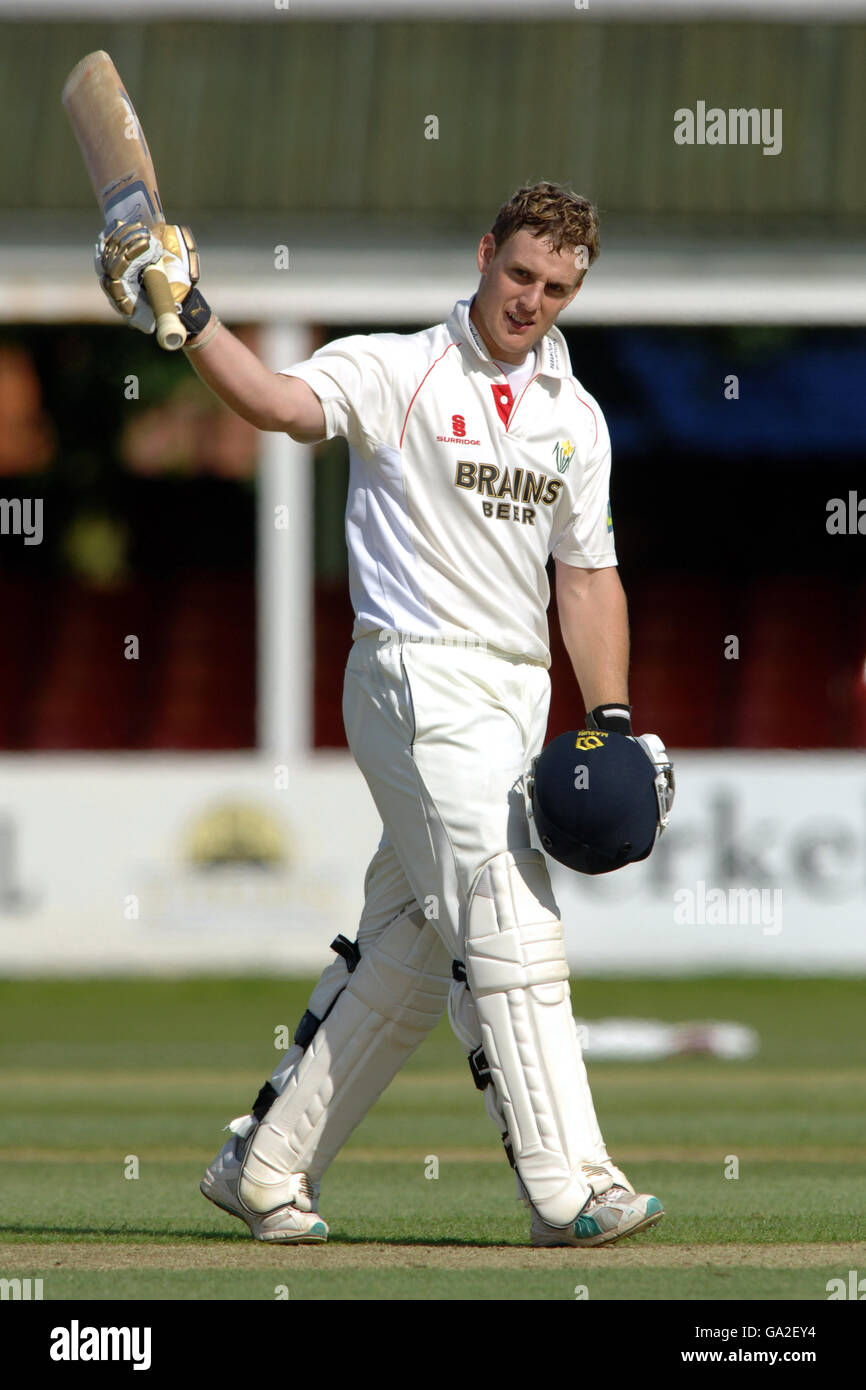 Glamorgan's Ben Wright celebrates reaching his century during the ...