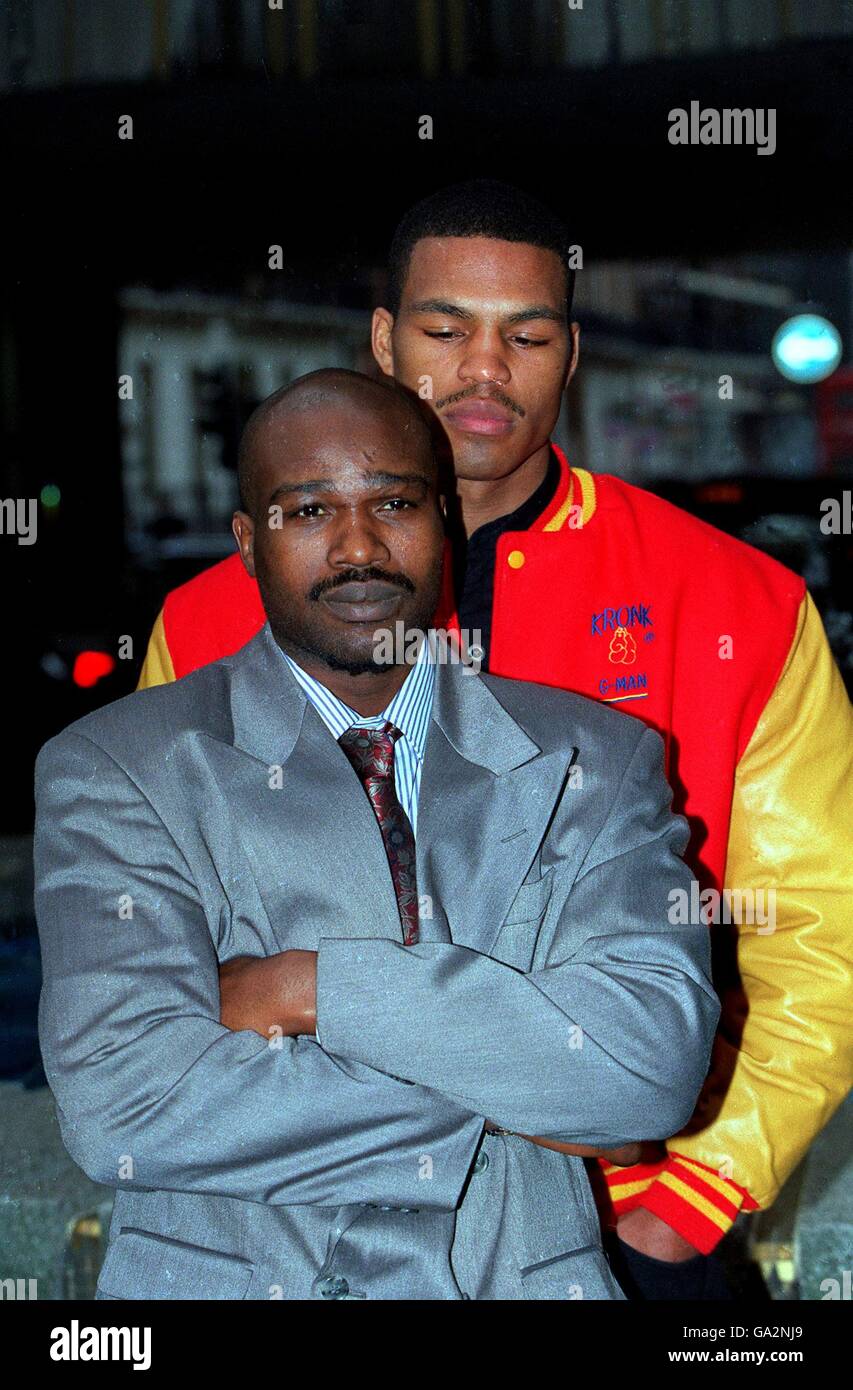 John Mugabi (l) is shadowed by Gerald McClellan (r) during the build up ...
